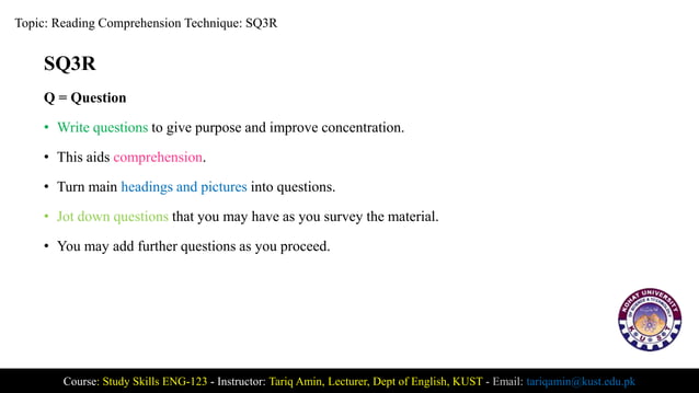 Reading Comprehension Technique: SQ3R | PPTX