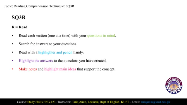 Reading Comprehension Technique: SQ3R | PPTX