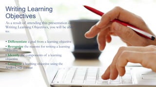 Writing Learning Objectives:Beginning With The End In Mind - Faculty Development | PPTX