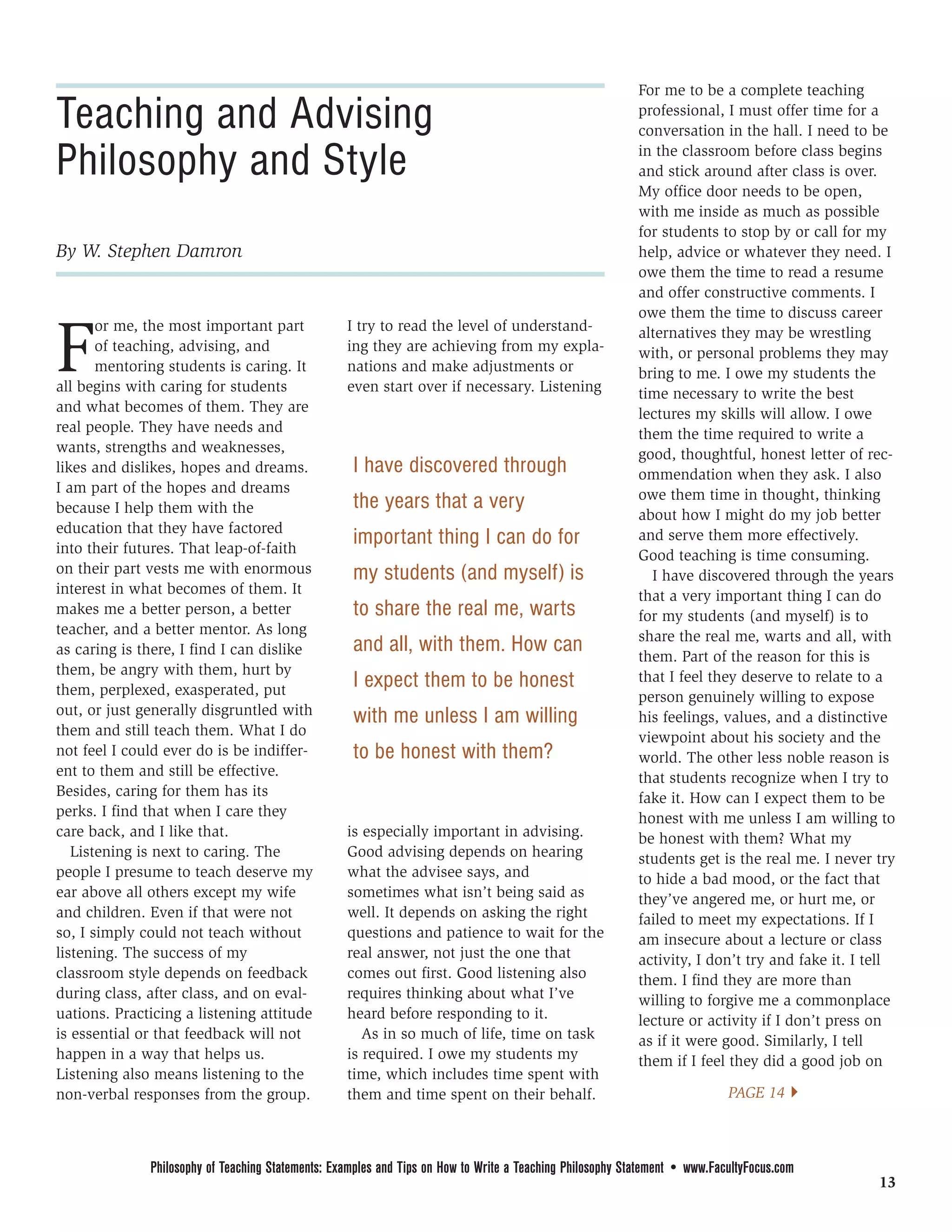 Faculty Focus Special Report Philosophy of Teaching Statements | PDF