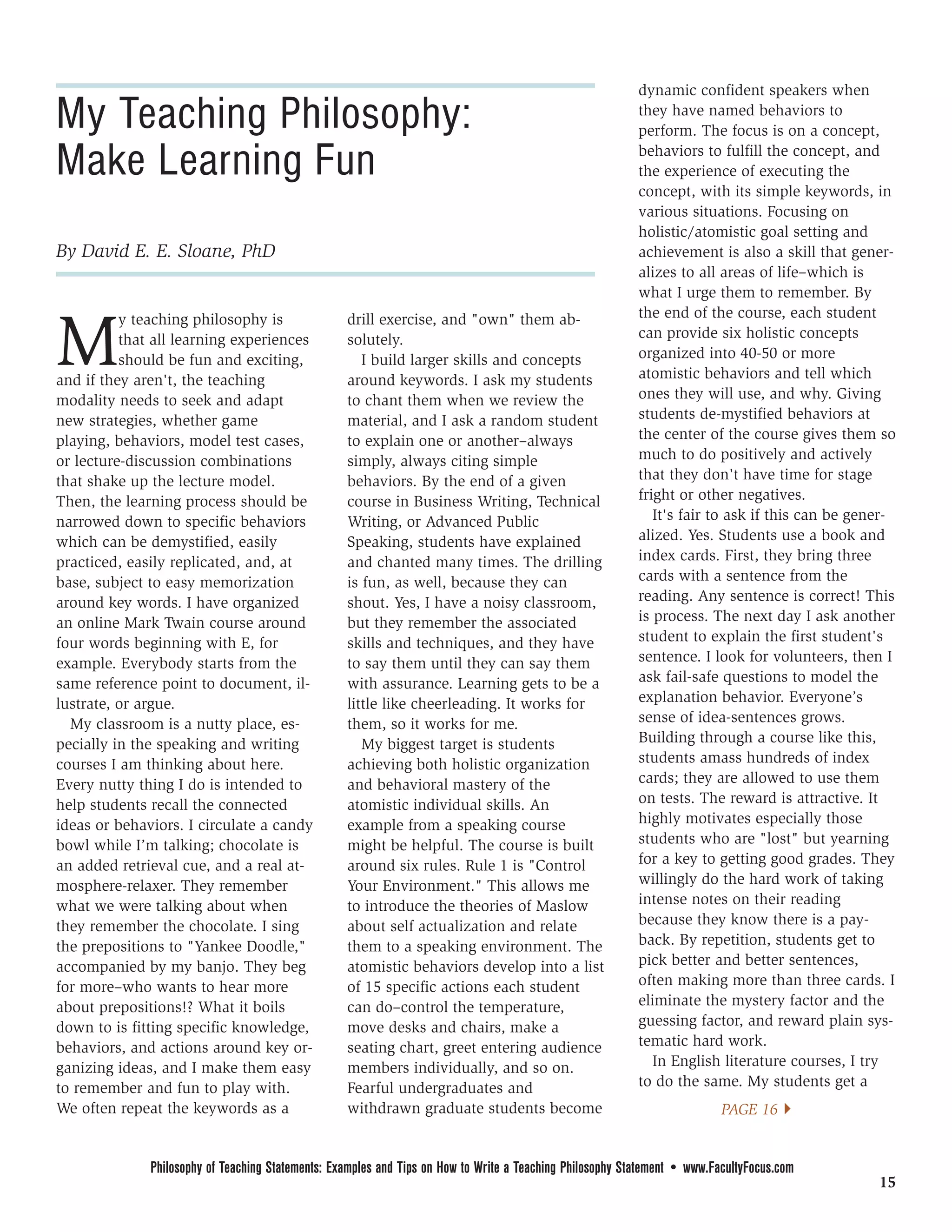Faculty Focus Special Report Philosophy of Teaching Statements | PDF