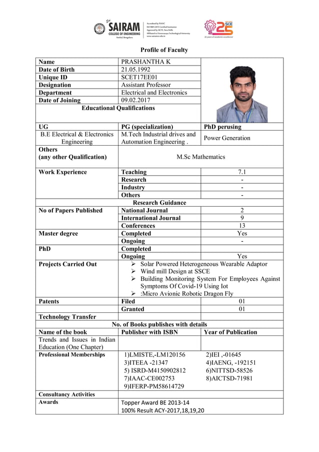 Faculty Profile prashantha K EEE dept Sri Sairam college of Engineering | PDF