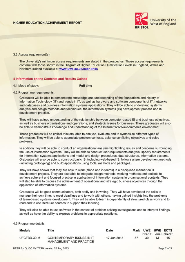 Higher Education Achievement Report - Vy Quoc Tran | PDF