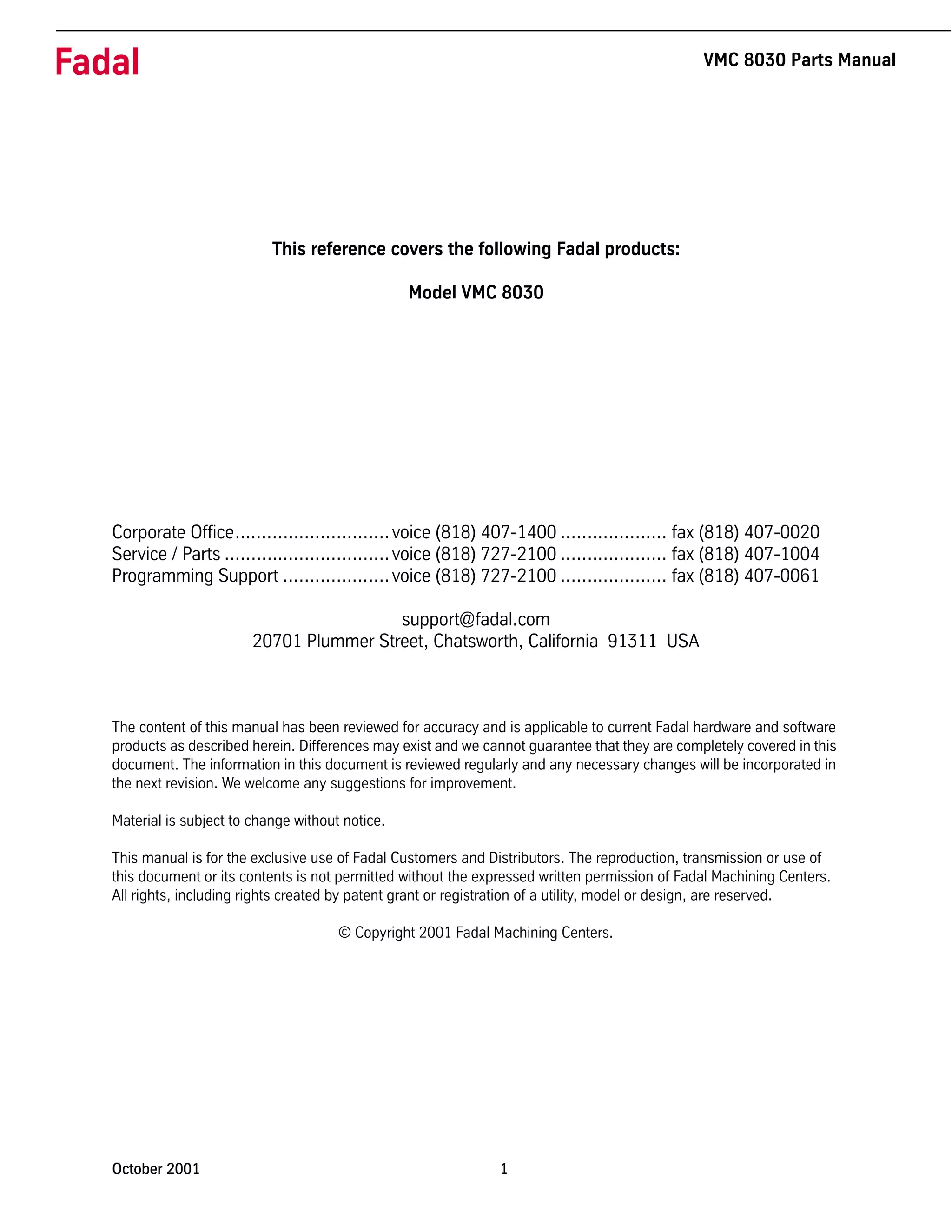 Fadal VMC 8030 MODEL Parts Manual | PDF
