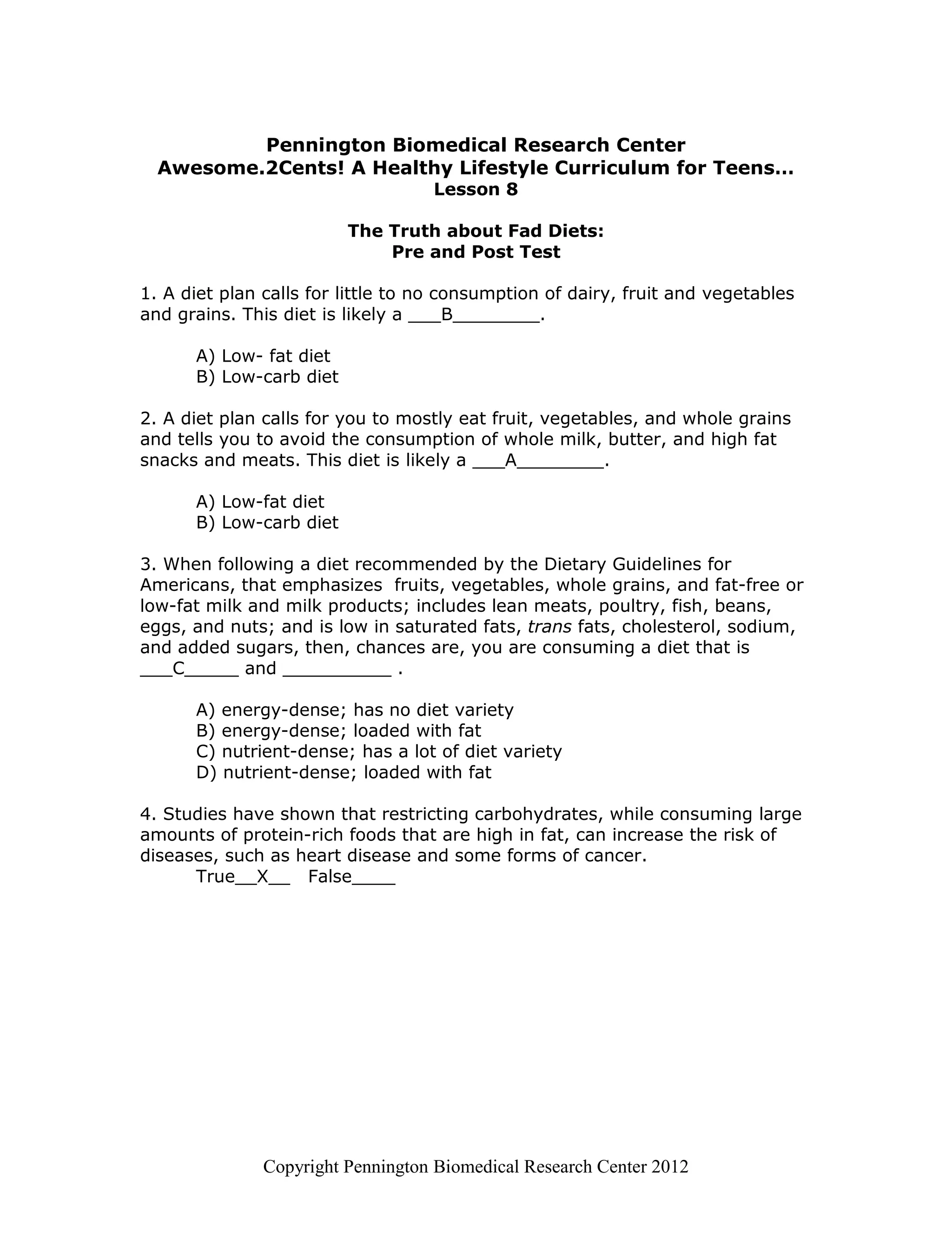 Fad diet pre and post test unit 8 | PDF