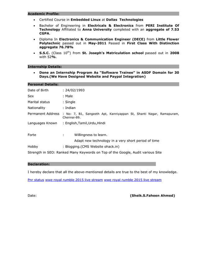 Faheen resume | PDF | Resume Writing and Advice | Job Search