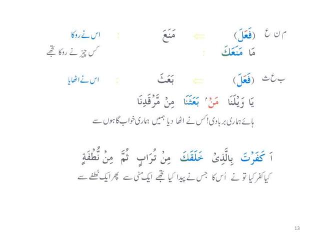 Fahmul quran lect_20 (فعل ماضی سے مضارع +منفی + سوالیہ بنانا) | PPT | Free Download