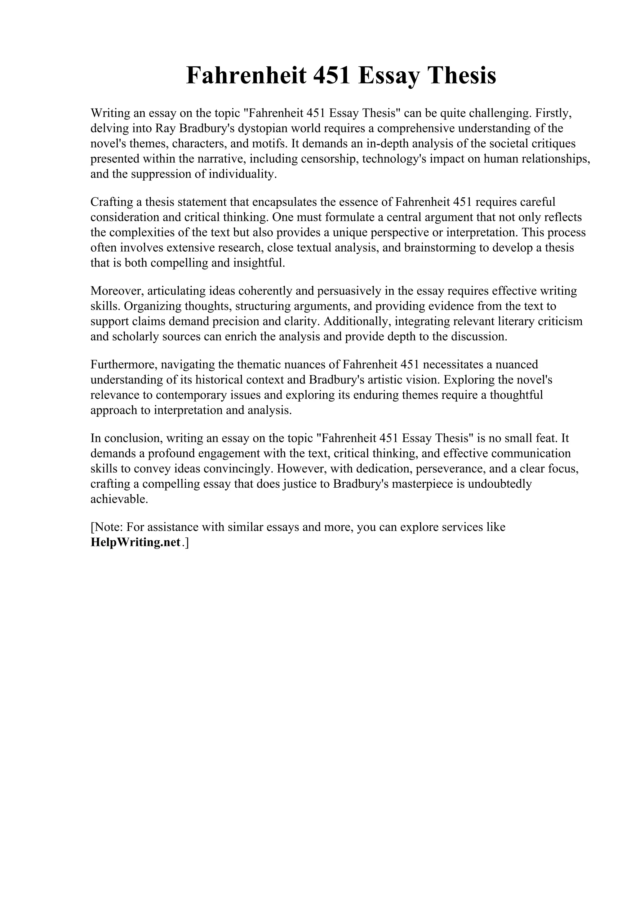 Fahrenheit 451 Essay Thesis | PDF