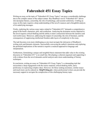Fahrenheit 451 Essay Topics | PDF
