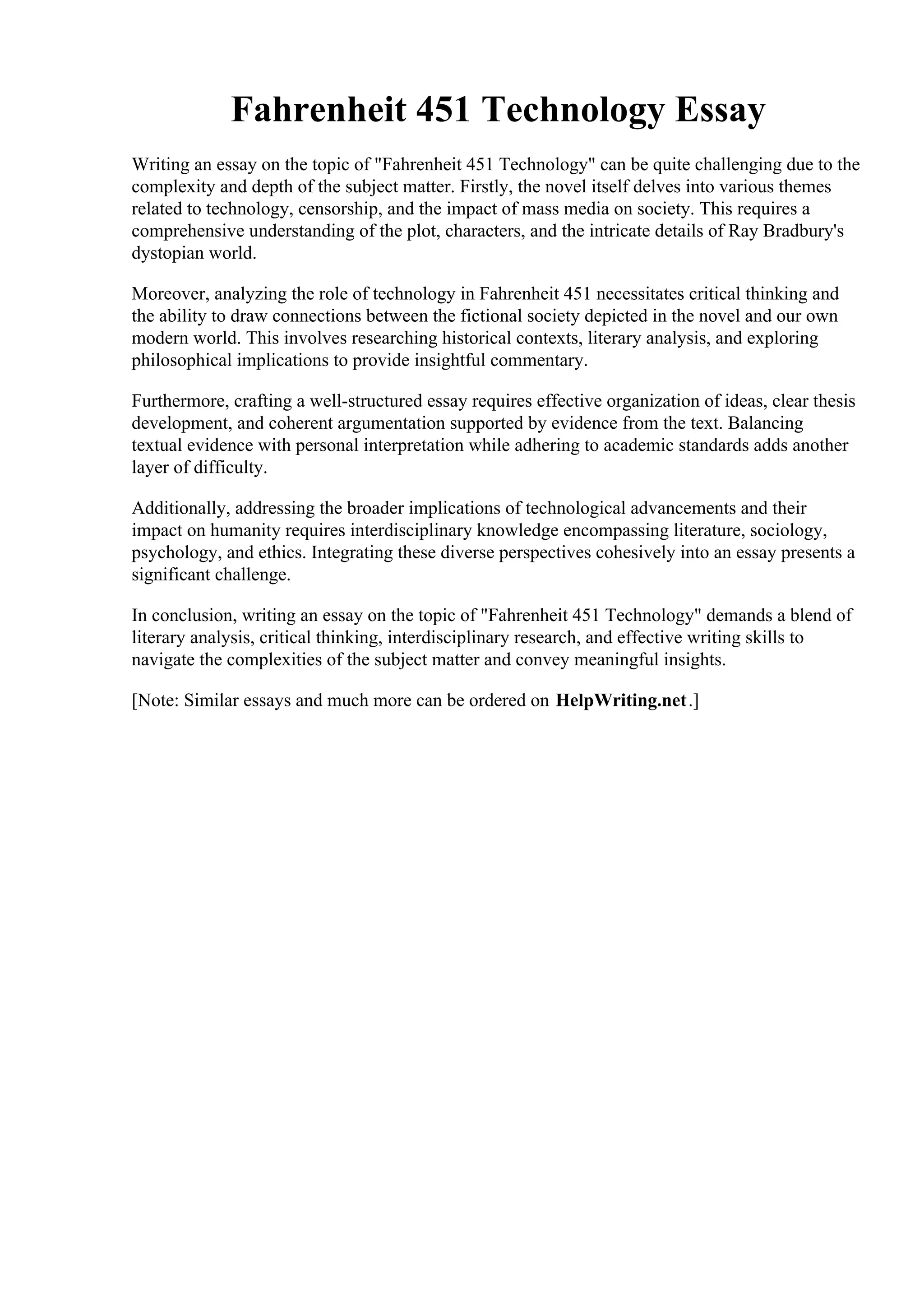 Fahrenheit 451 Technology Essay | PDF