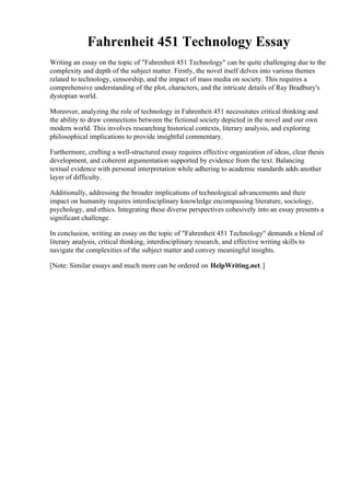 Fahrenheit 451 Technology Essay | PDF