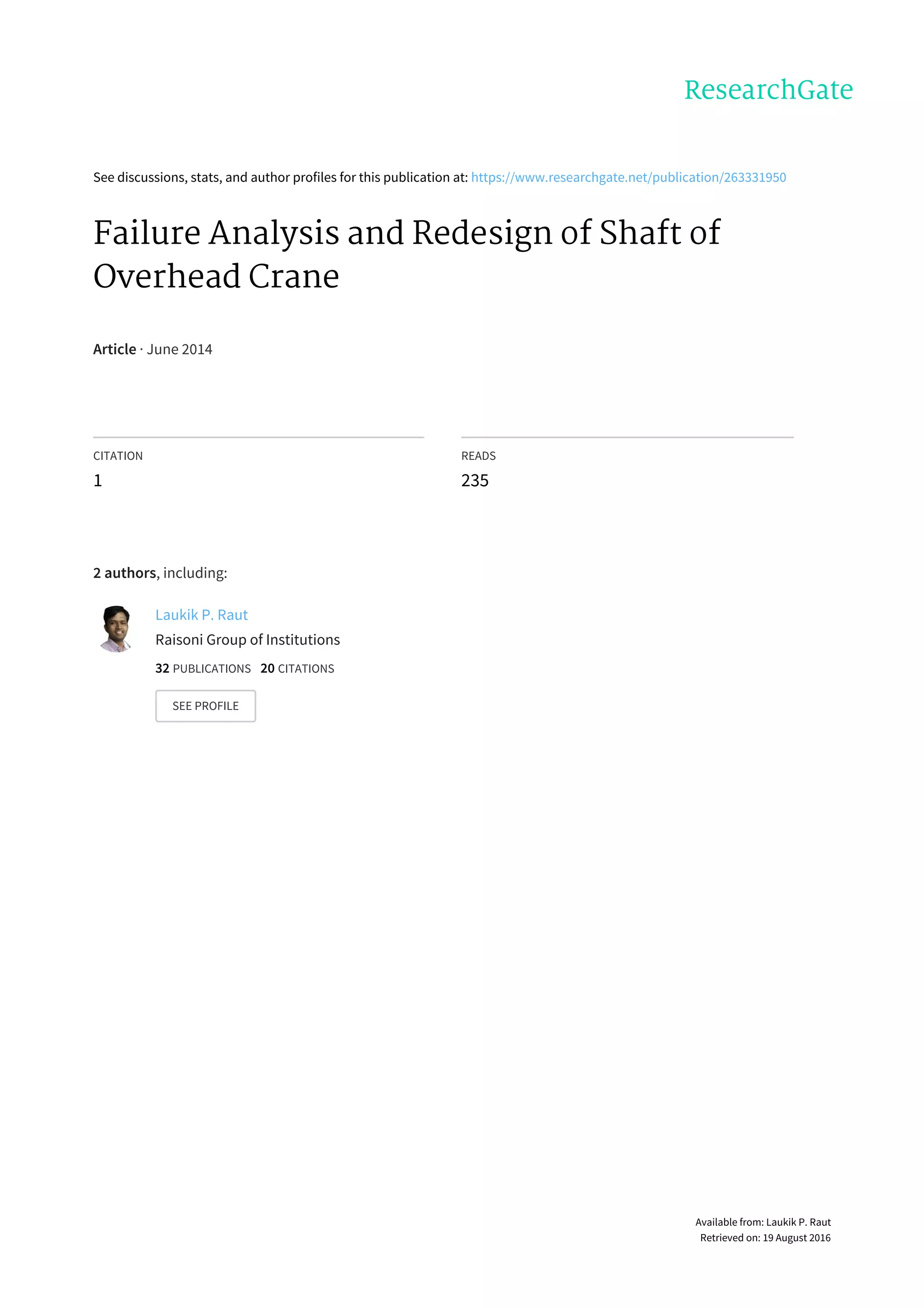 Failure analysis and redesign of shaft of overhead crane | PDF