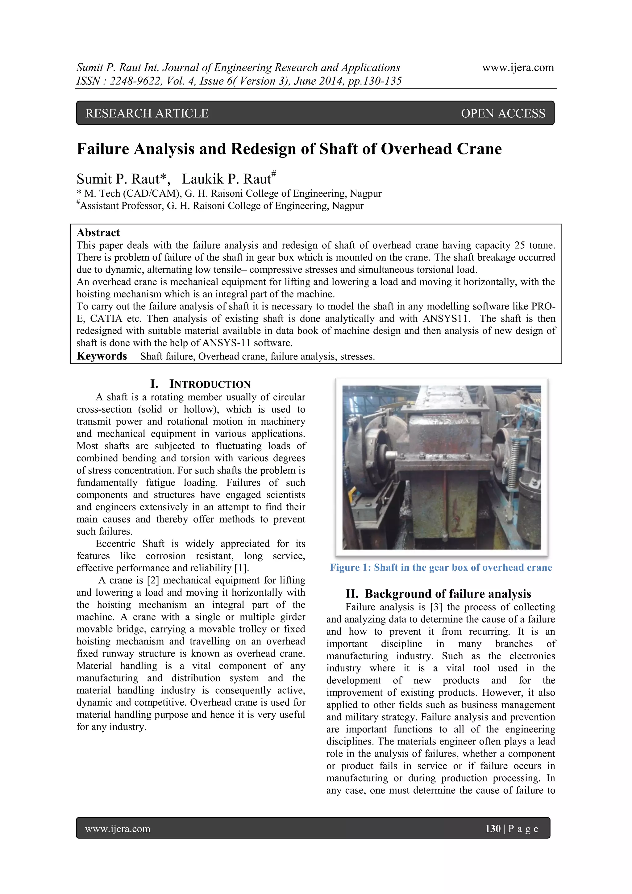 Failure analysis and redesign of shaft of overhead crane | PDF