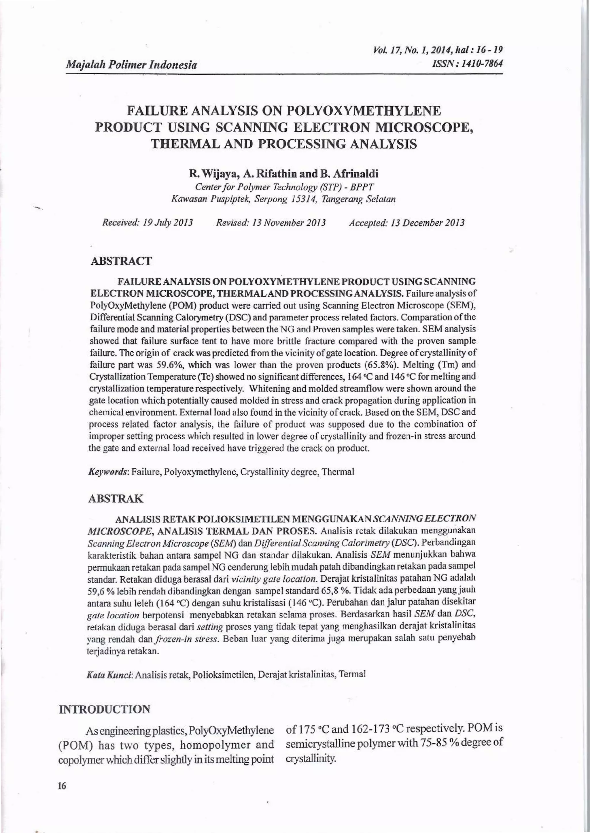 Failure analysis of polyoxymethylene product using scanning electron ...