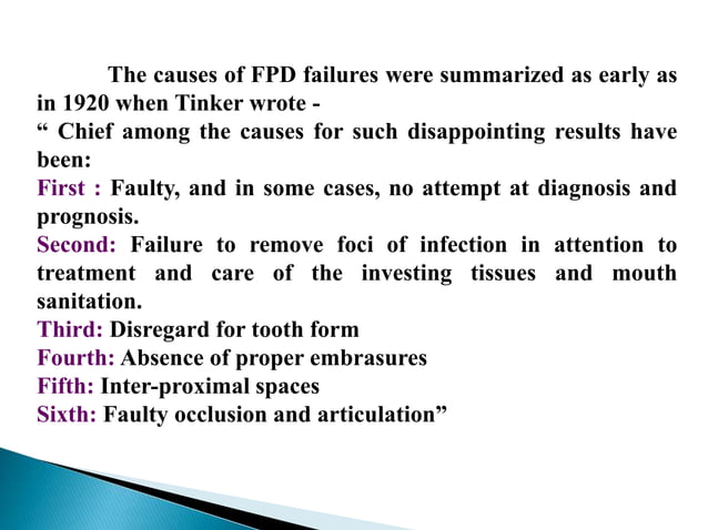 Failures in fpd | PPT | Dental Health | Diseases and Conditions