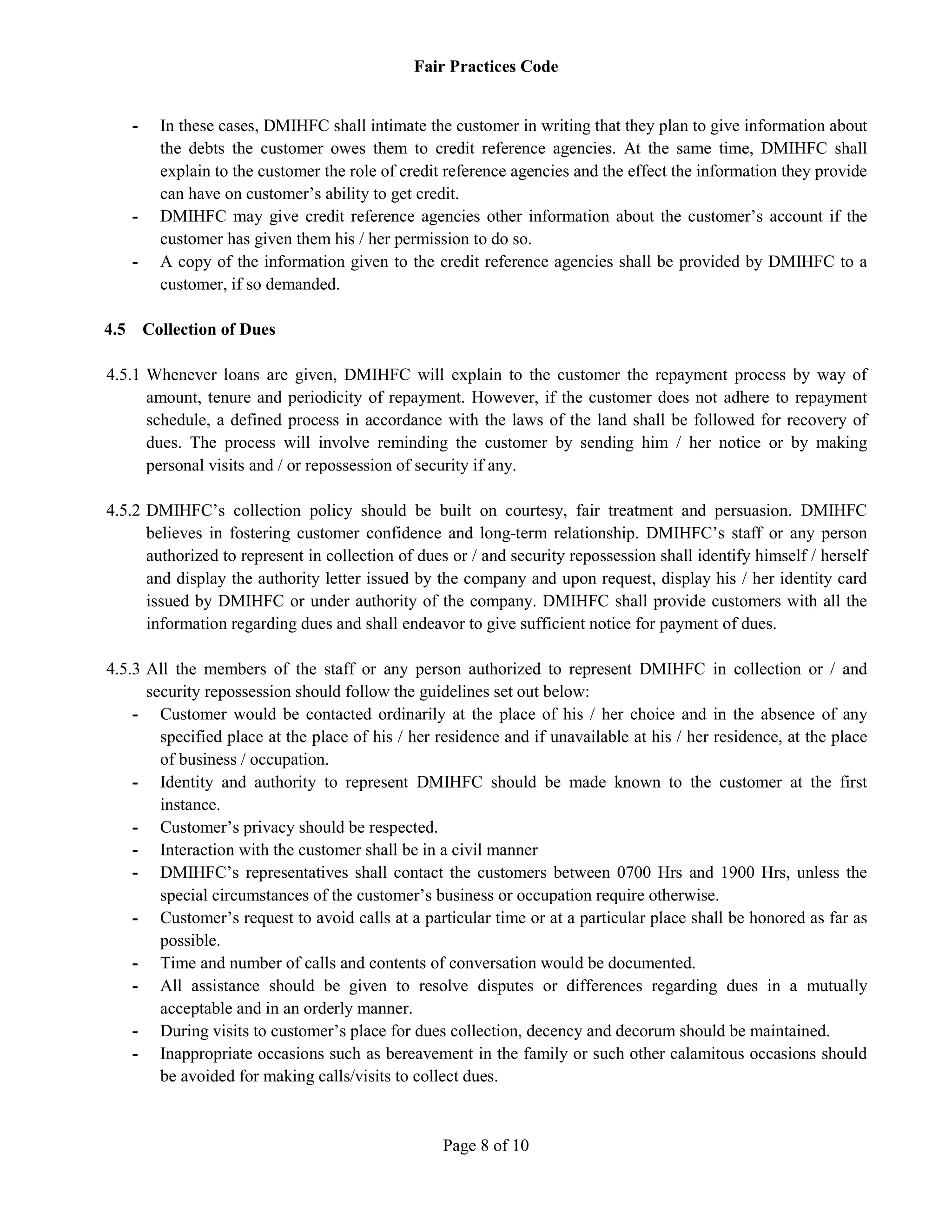 Fair practice code - DMI Housing Finance Pvt. Ltd. | PDF