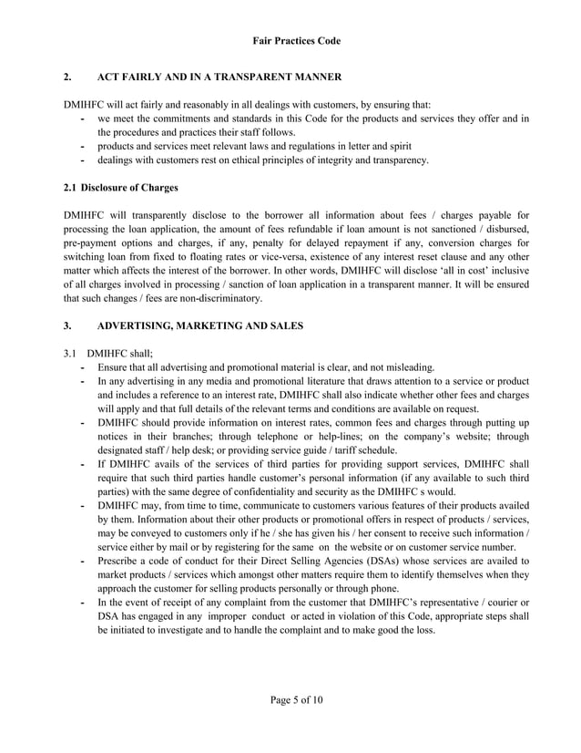 Fair practice code - DMI Housing Finance Pvt. Ltd. | PDF