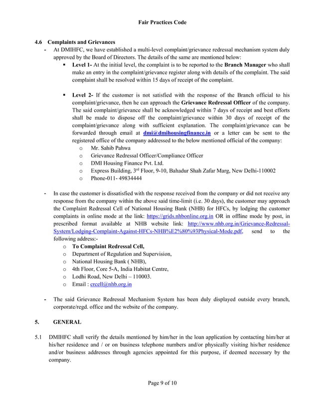 Fair practice code - DMI Housing Finance Pvt. Ltd. | PDF | Home ...