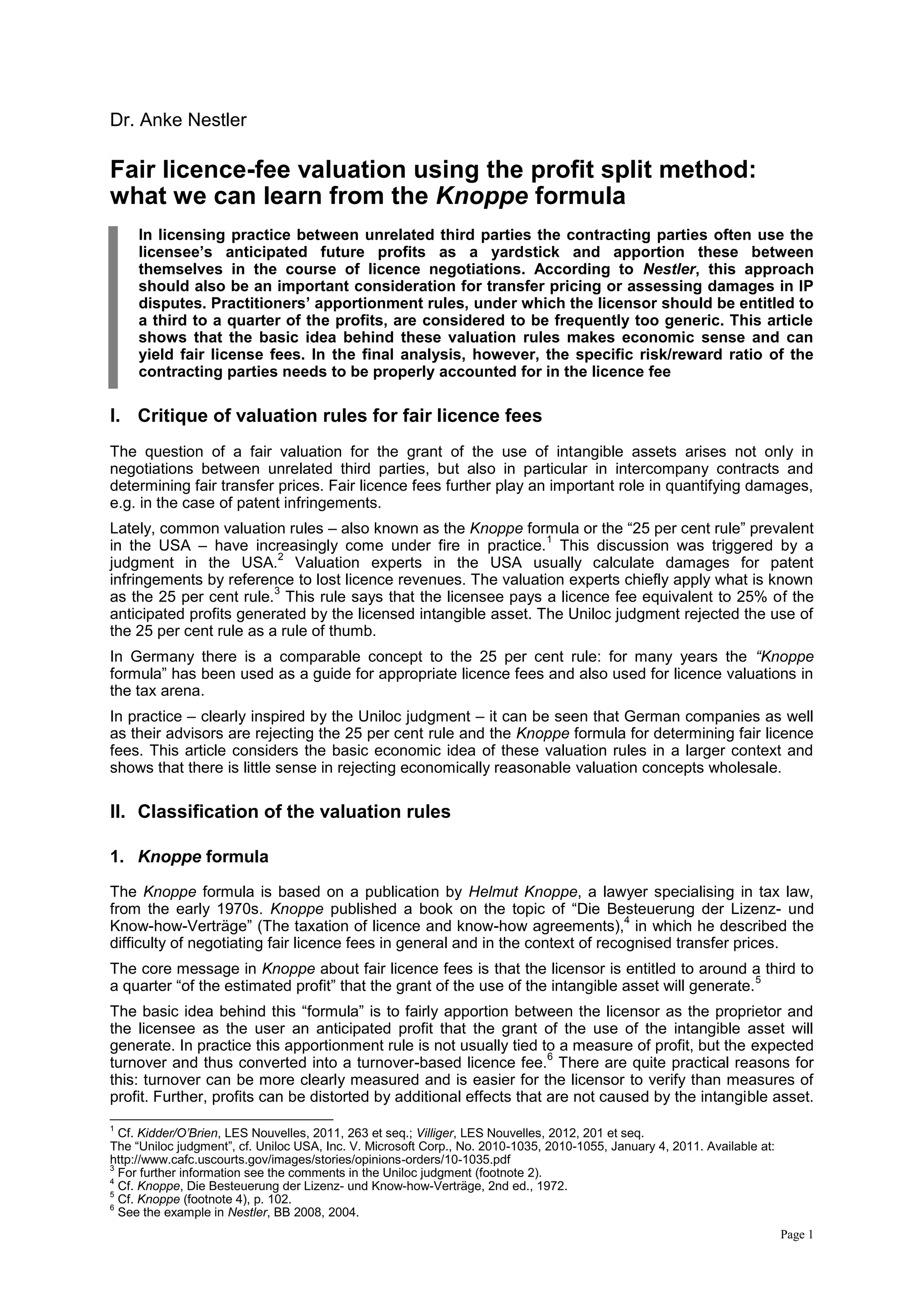 Fair licence-fee valuation using the profit split method | PDF