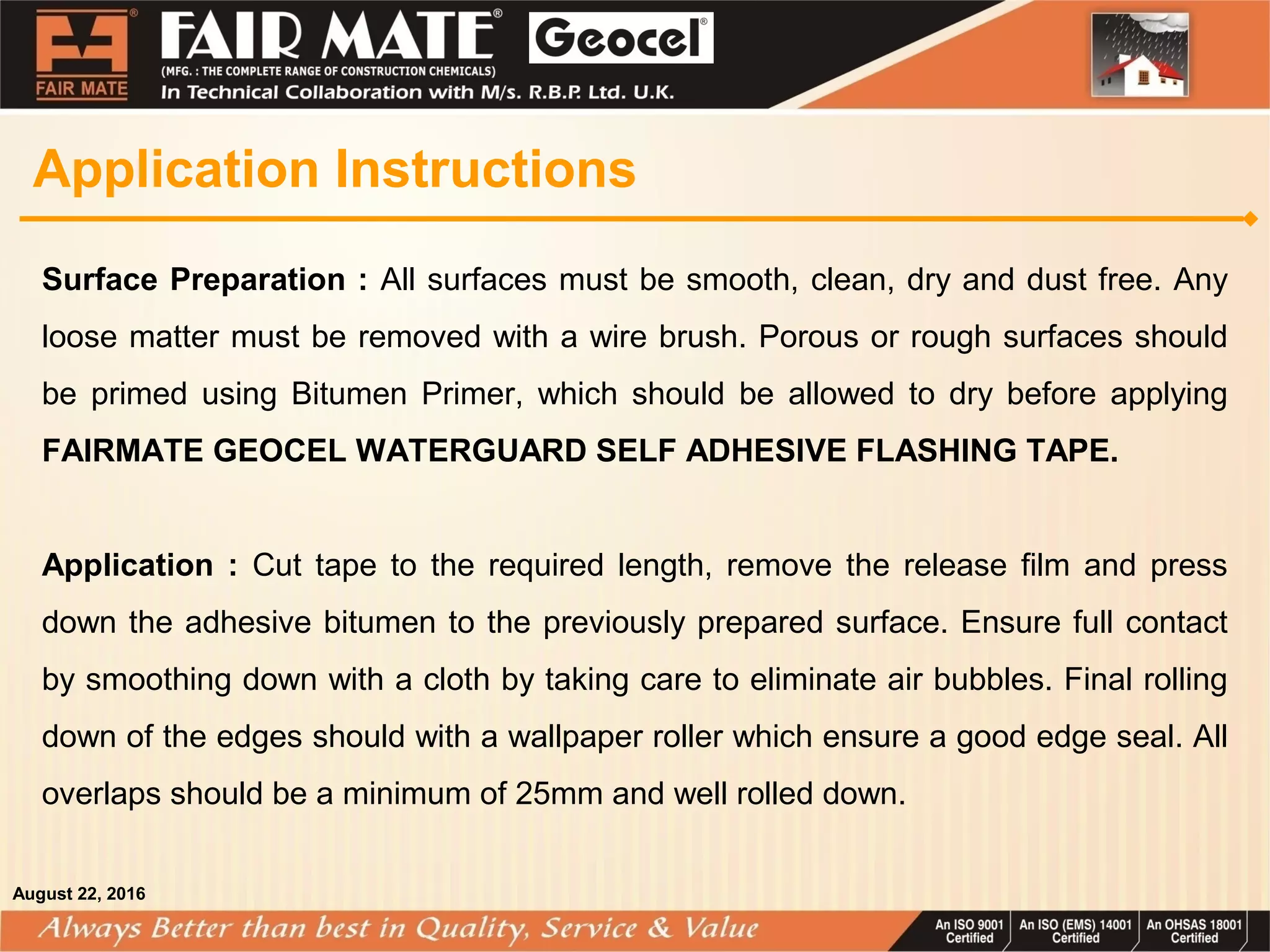 Fairmate geocel waterguard self adhesive flashing tape | PPT