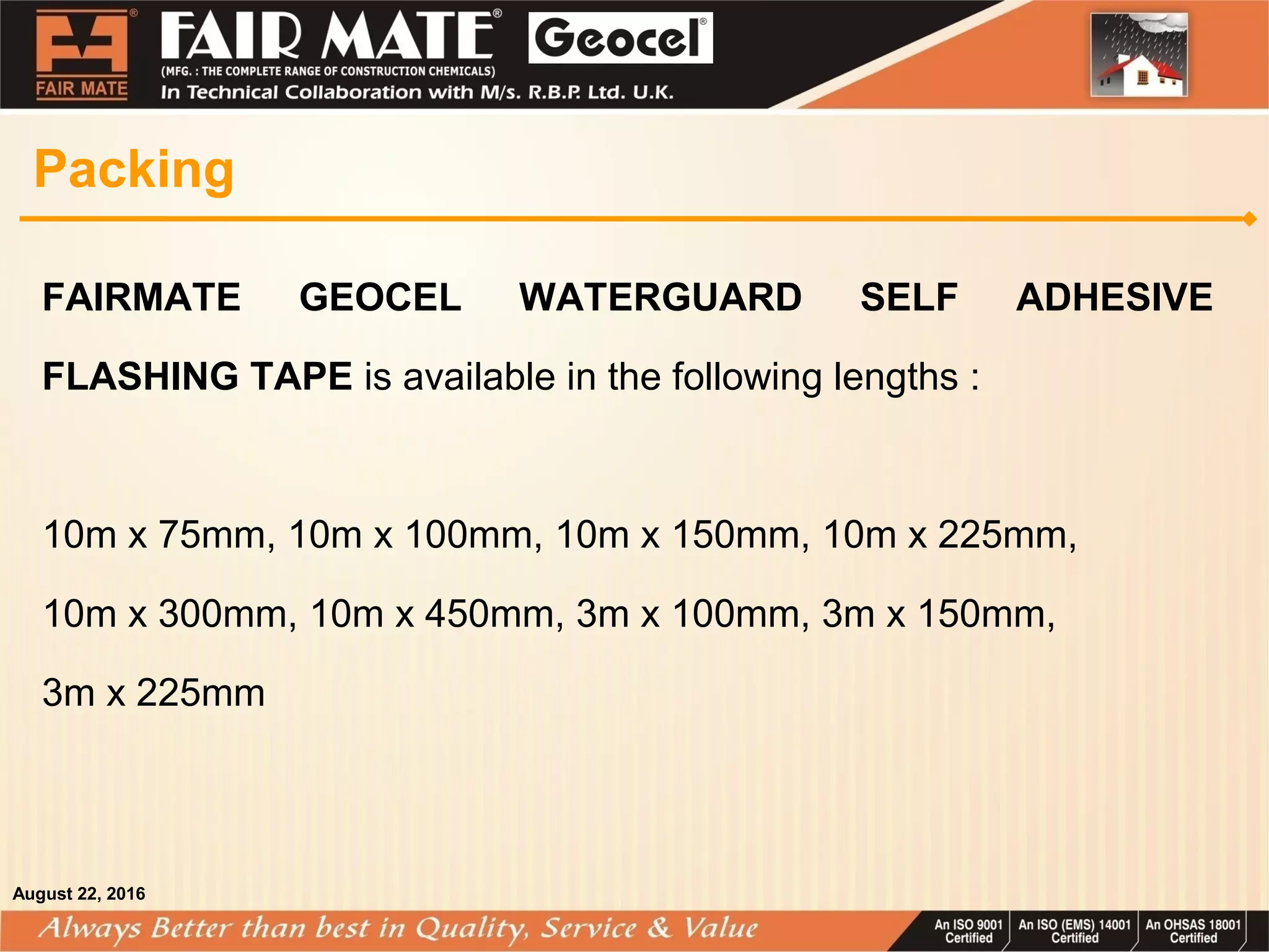 Fairmate geocel waterguard self adhesive flashing tape | PPT