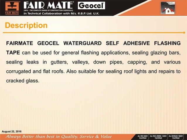 Fairmate geocel waterguard self adhesive flashing tape | PPT