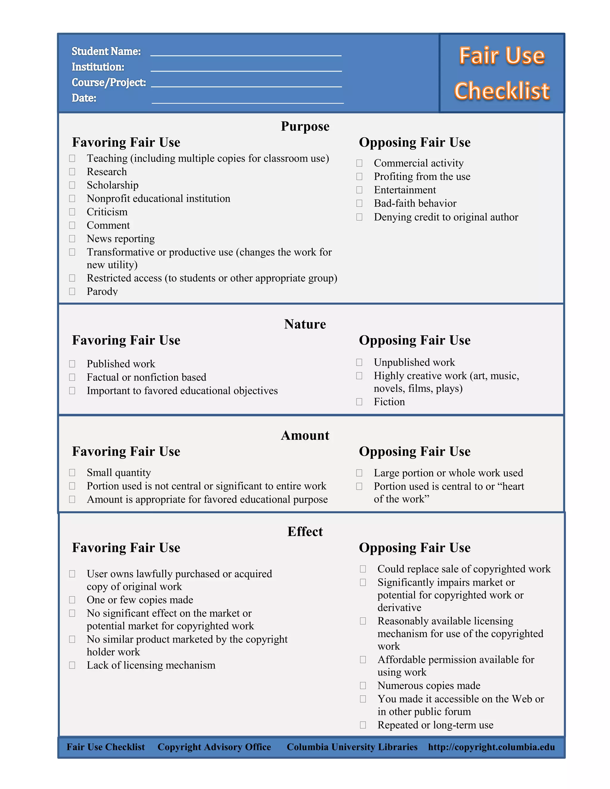 Fair use checklist | PDF | Law