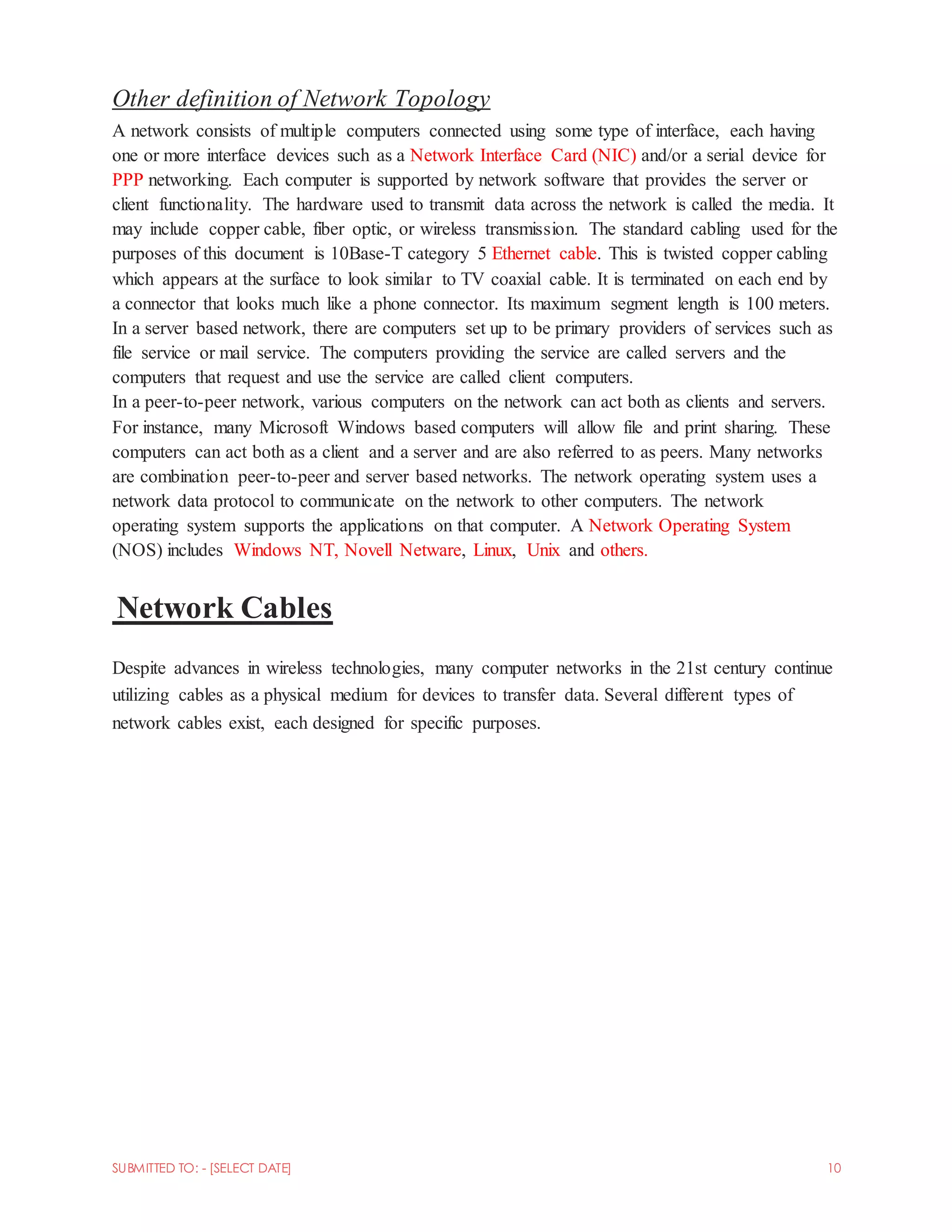 COMUNICATION NETWORK NETWORK TOPOLOGY NETWORK CABLES NETWORK DEVICES | DOCX