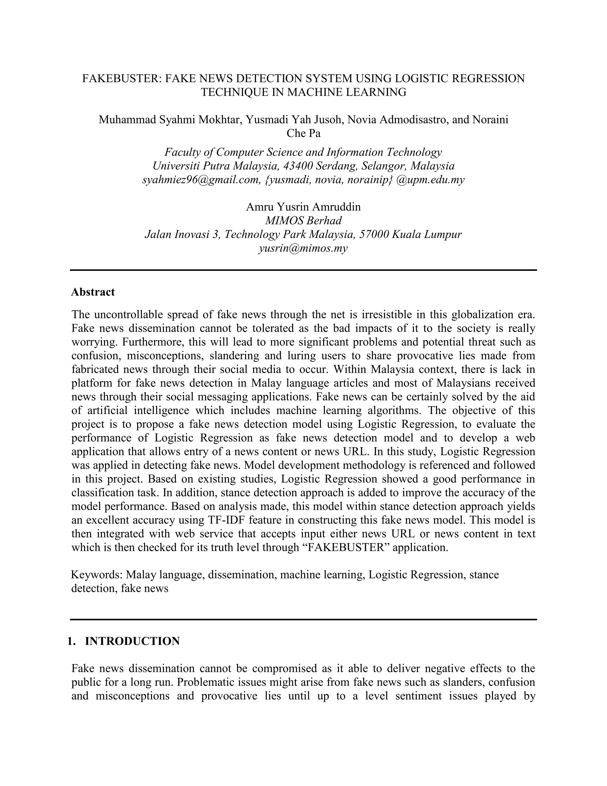 Fakebuster fake news detection system using logistic regression technique in machine learning | PDF