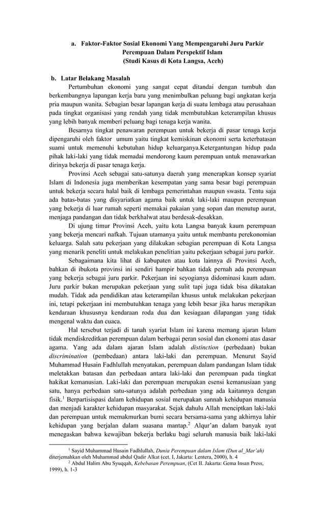 Faktor faktor sosial ekonomi yang mempengaruhi juru parkir perempuan dalam perspektif islam | PDF
