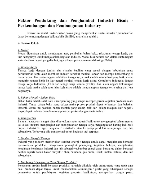 Faktor pendukung dan penghambat industri bisnis | DOCX