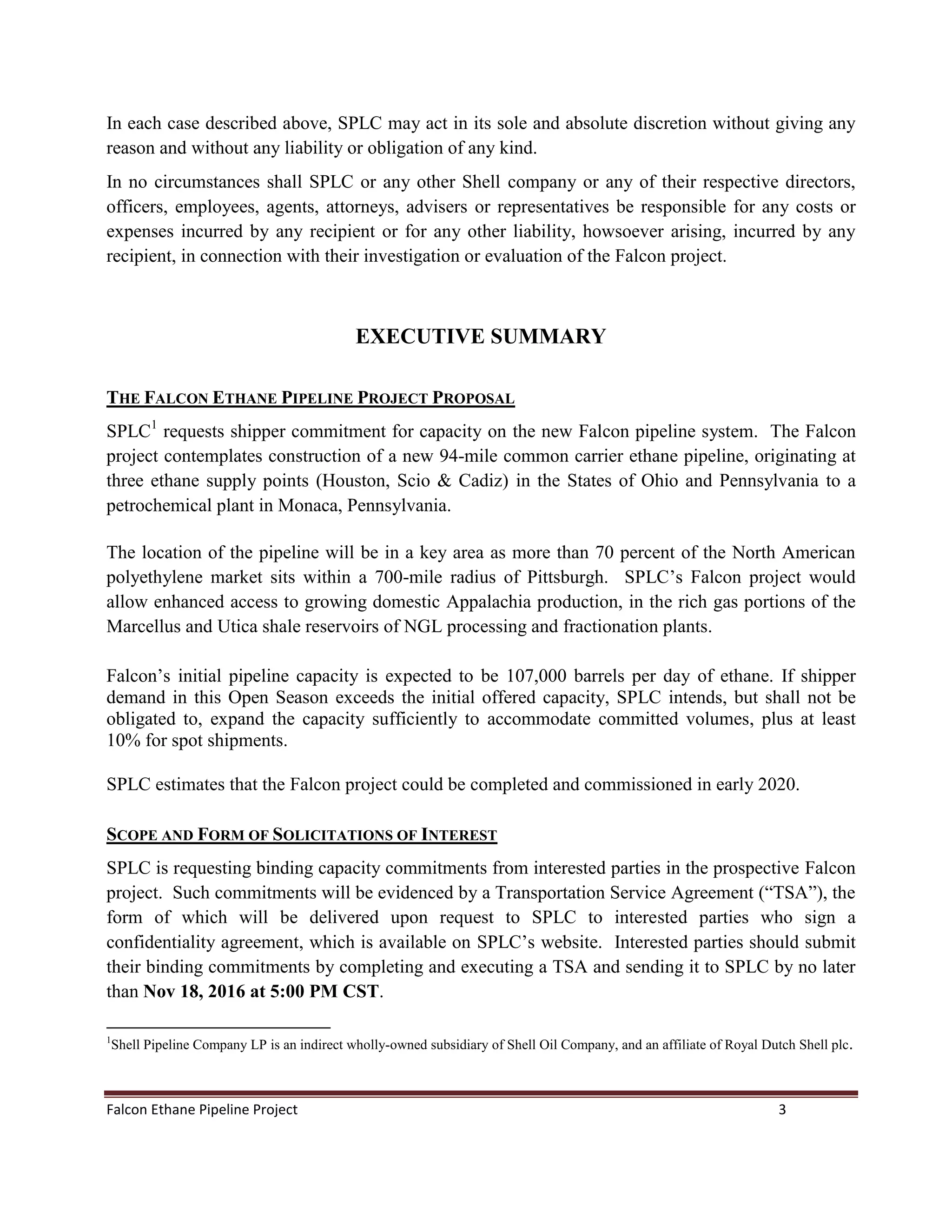 Shell's Falcon Ethane Pipeline Open Season Information Memorandum | PDF