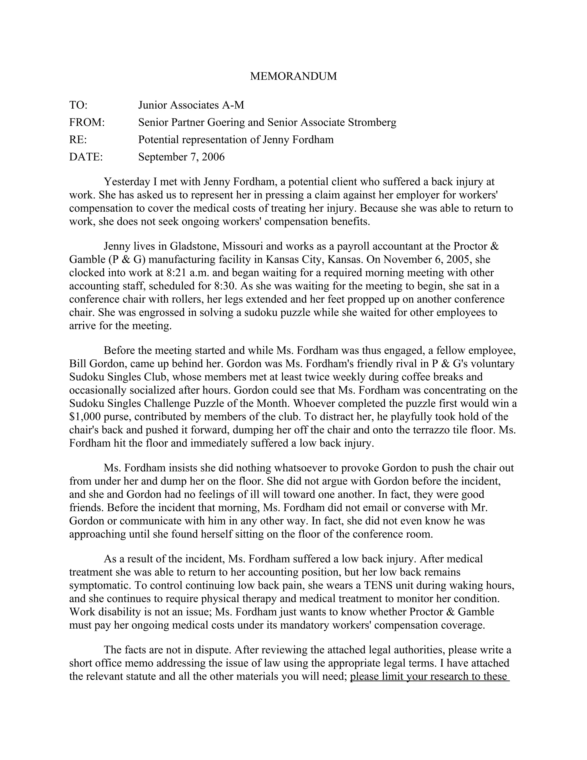 Fall 2006 closed memo assignment workers' comp. horseplay rule a z doc ...