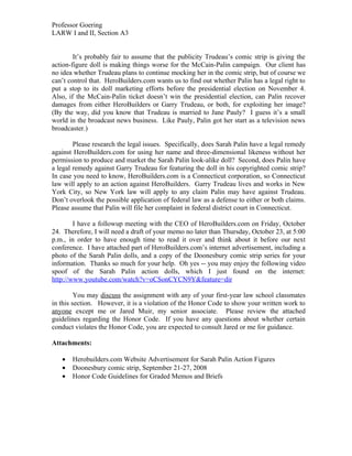 Fall 2008 open memo assignment palin v. trudeau and action doll mfr. (a ...