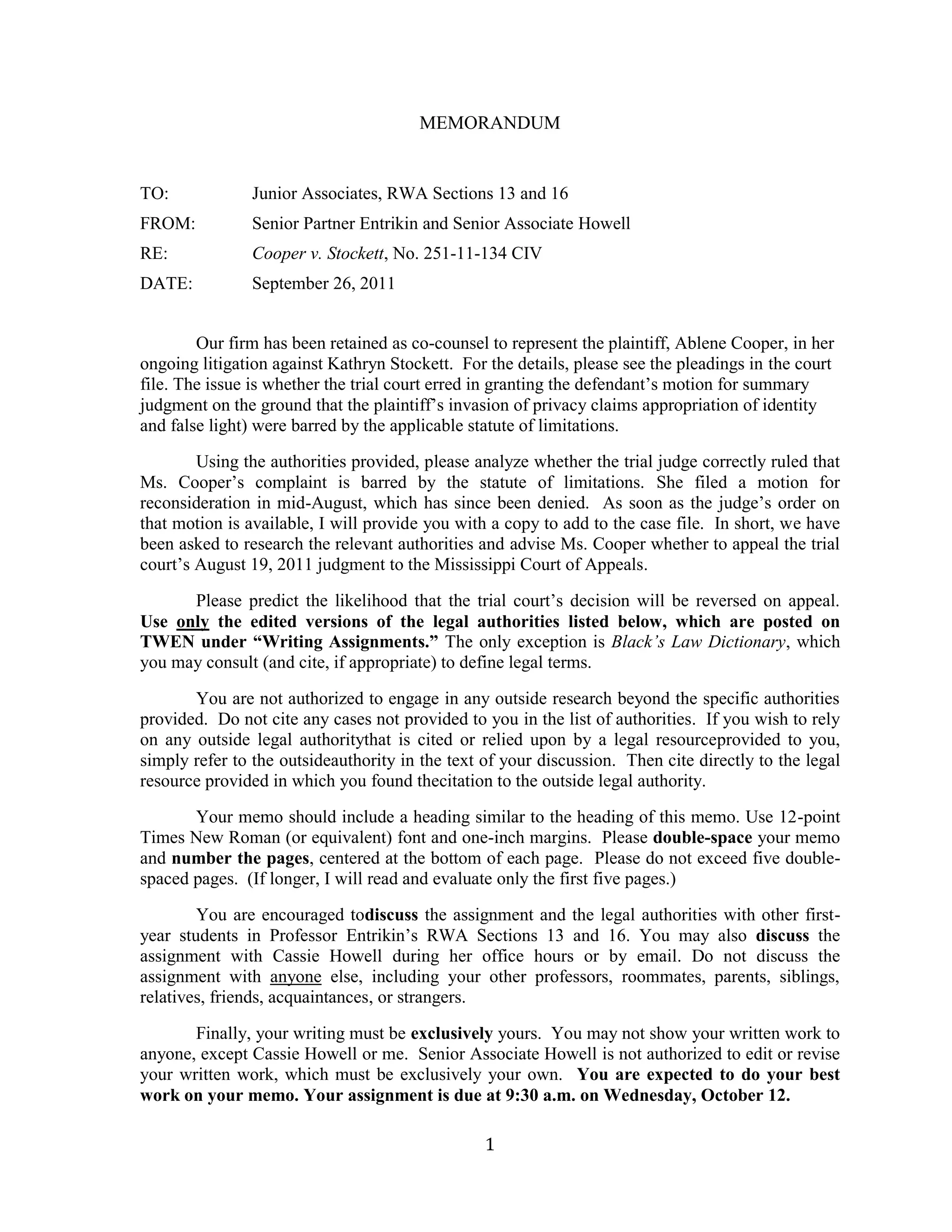Fall 2010 closed memo no. 1 assignment cooper v. stockett - invasion of ...