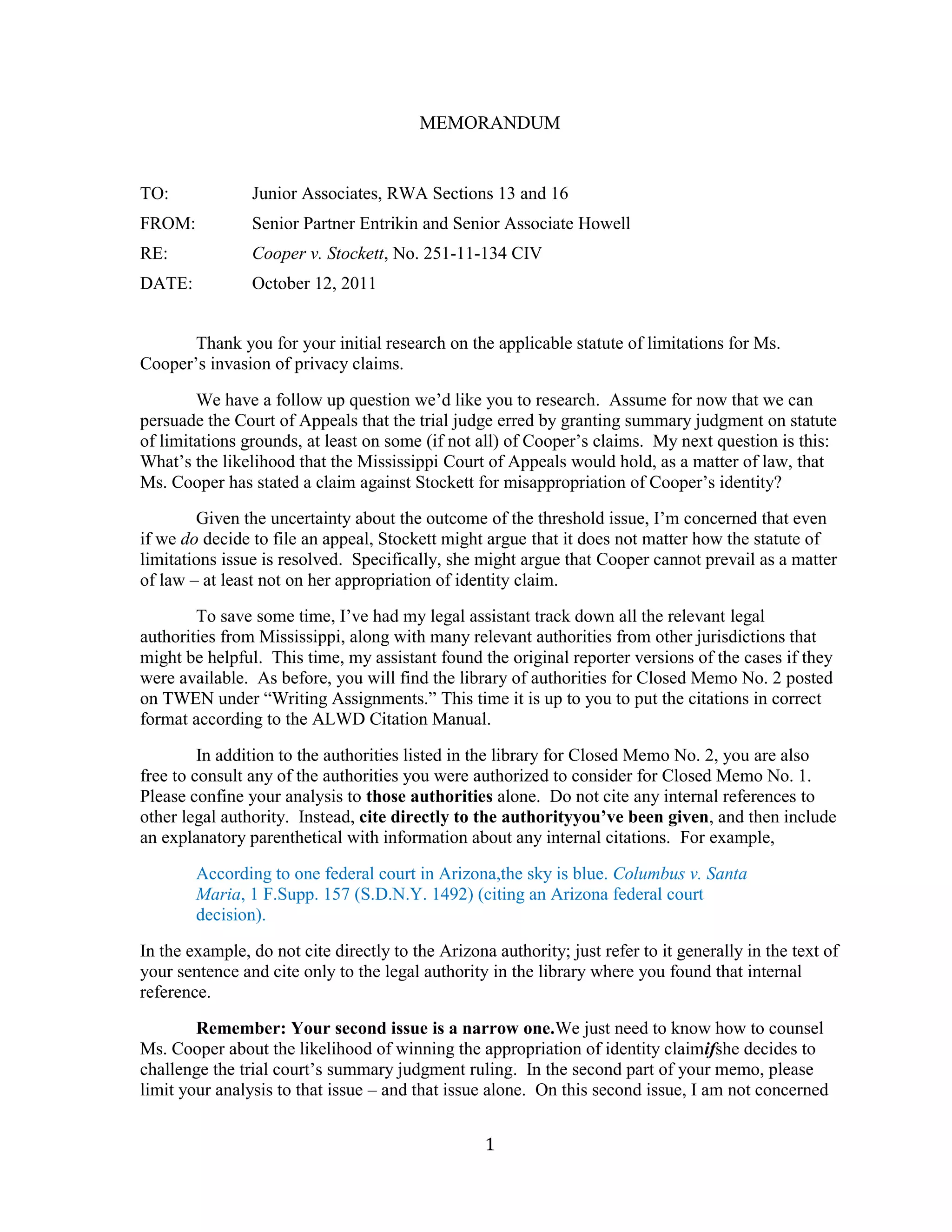 Fall 2011 closed memo no. 2 assignment cooper v. stockett appropriation ...