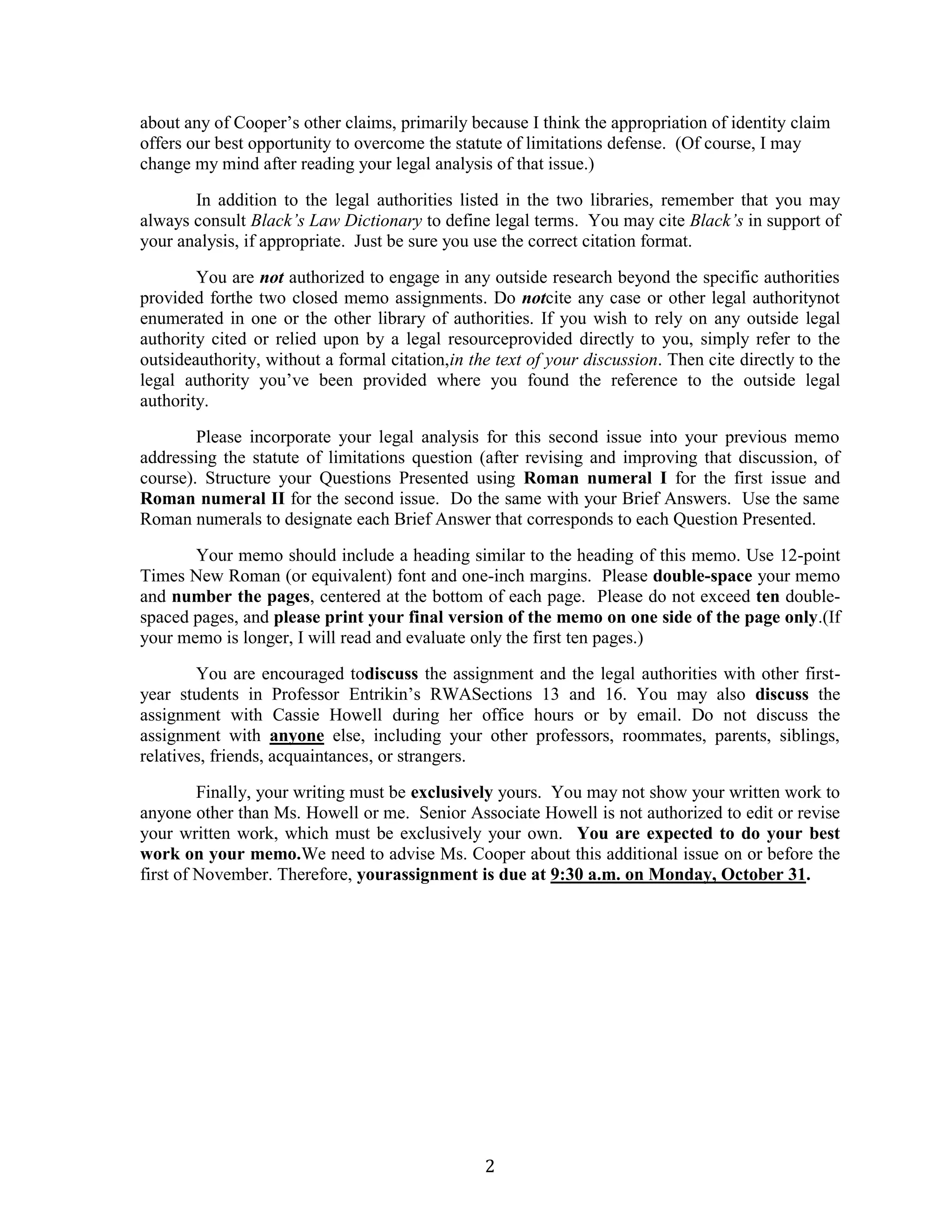 Fall 2011 closed memo no. 2 assignment cooper v. stockett appropriation ...