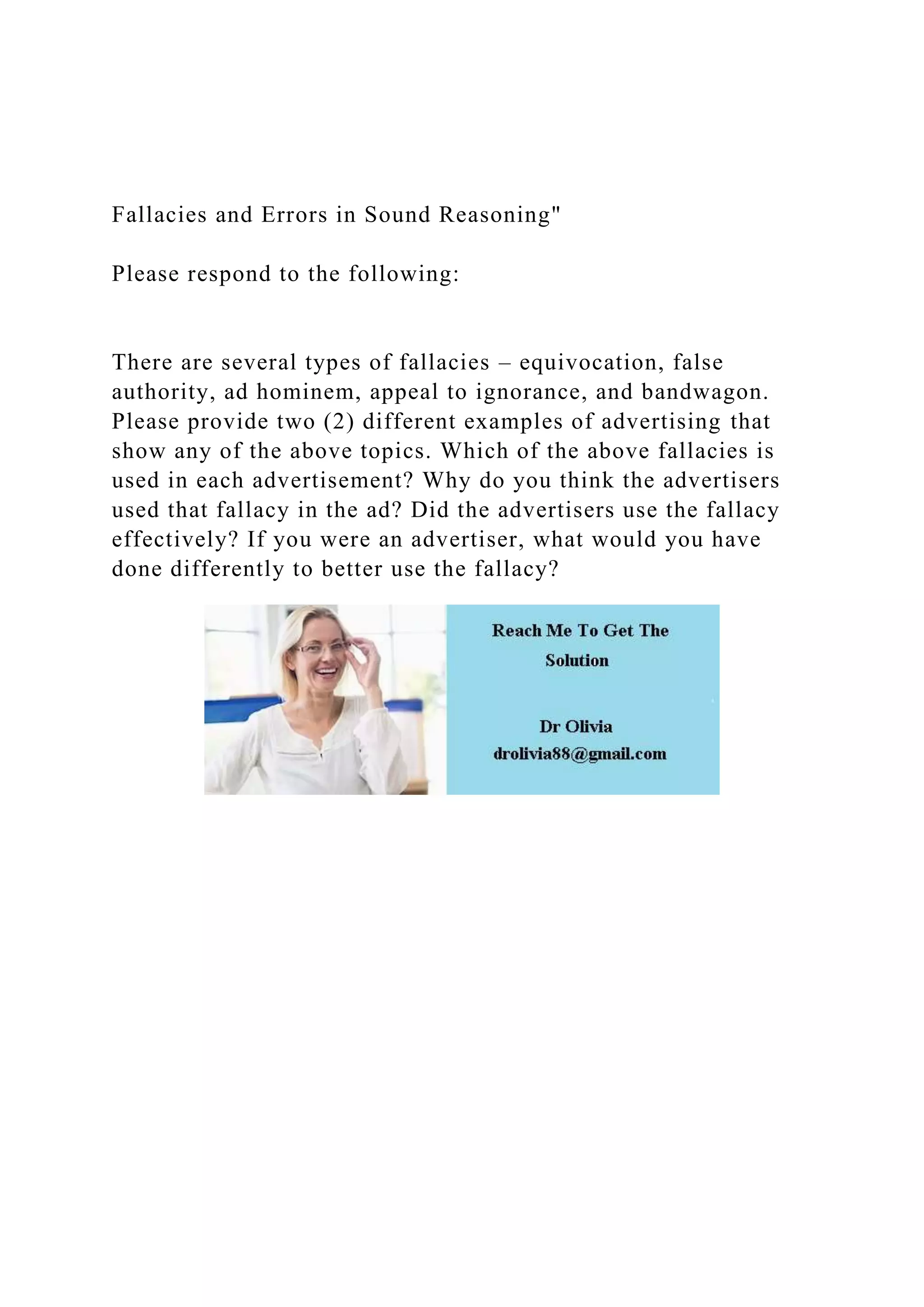 Fallacies and Errors in Sound ReasoningPlease respond to th | DOCX