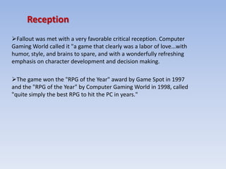 Fallout game's setting, characters, developmet,release, reception and ...