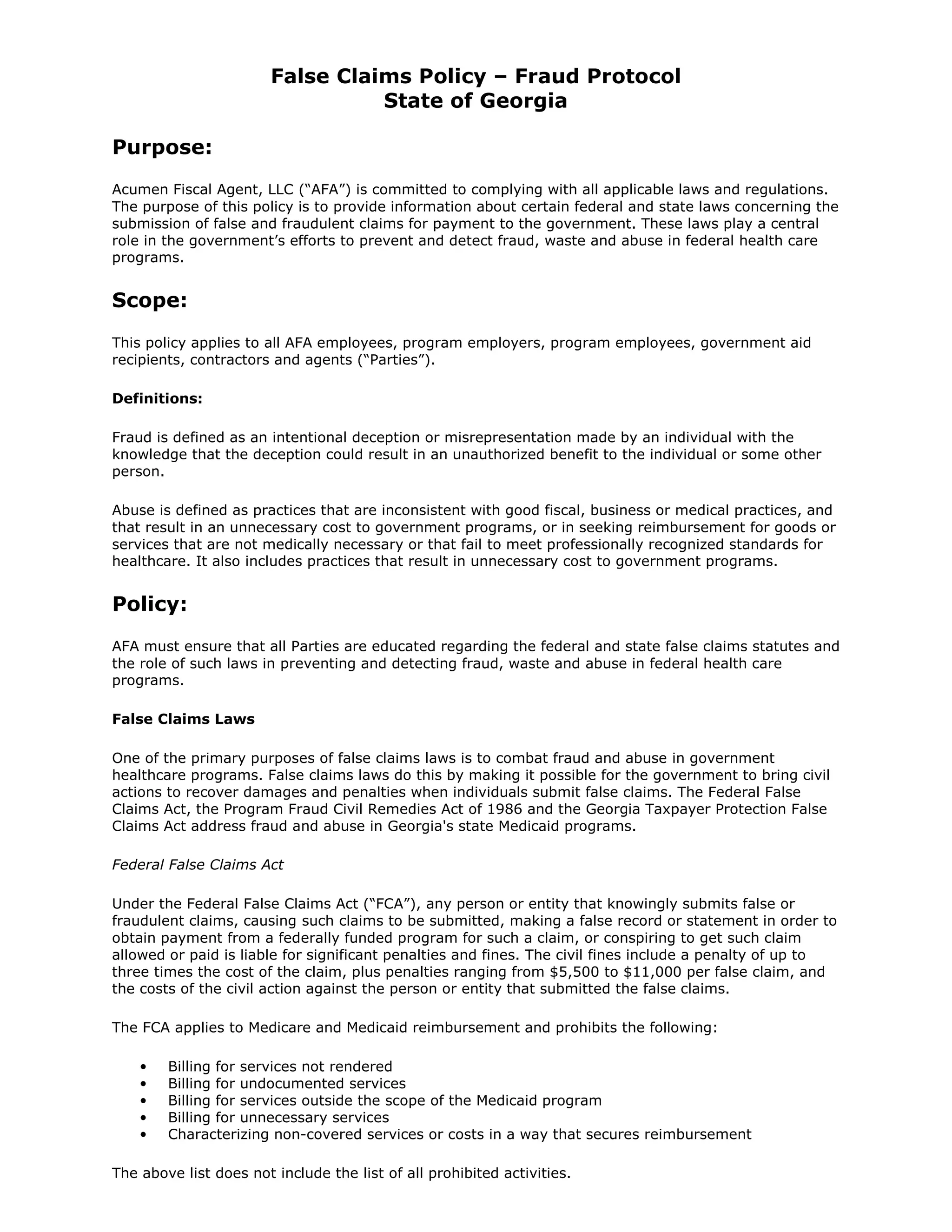 False claims policy fraud protocol state of georgia | PDF
