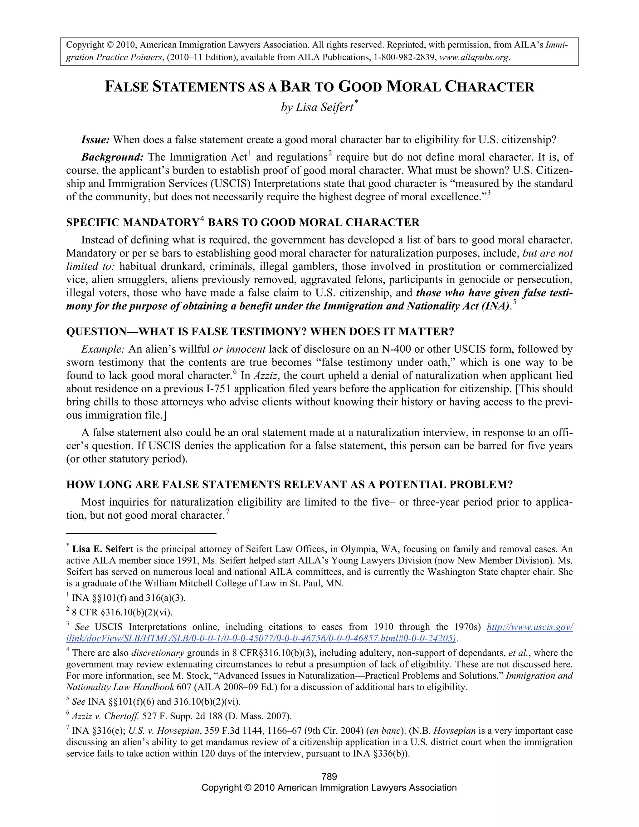 False statements as a bar to good moral character in immigration | PDF