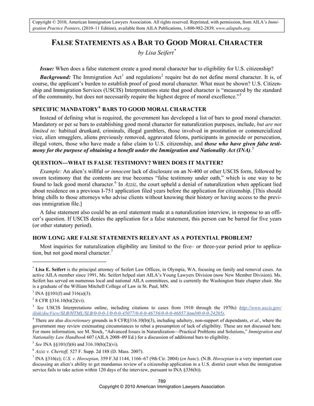 False statements as a bar to good moral character in immigration | PDF