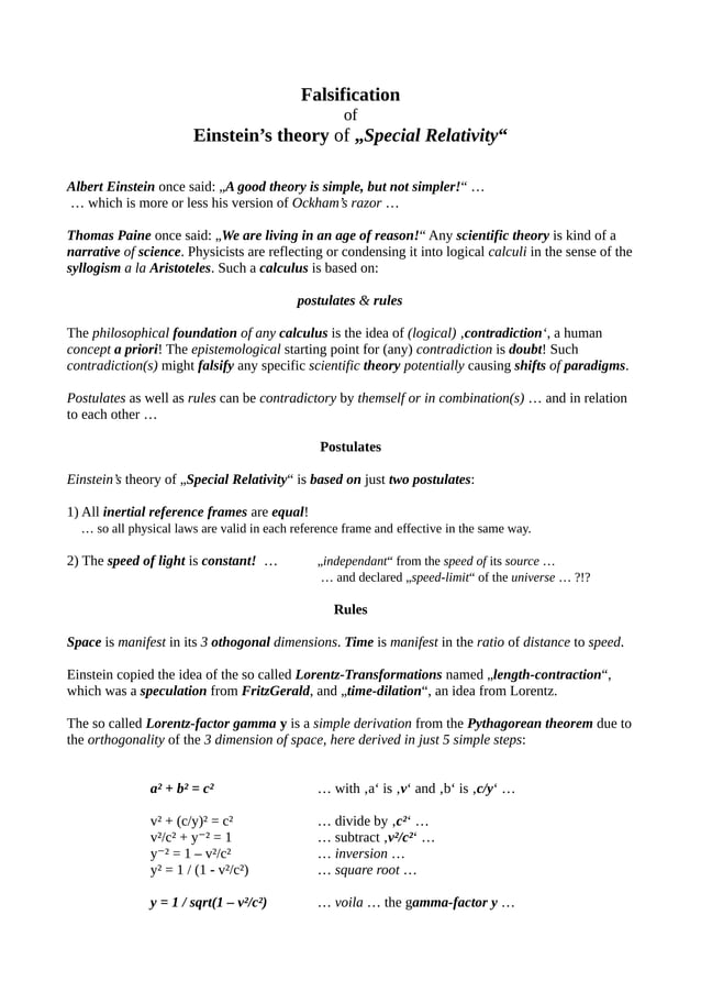 Falsification of Einstein's Theory of "Special Relativity" | PDF