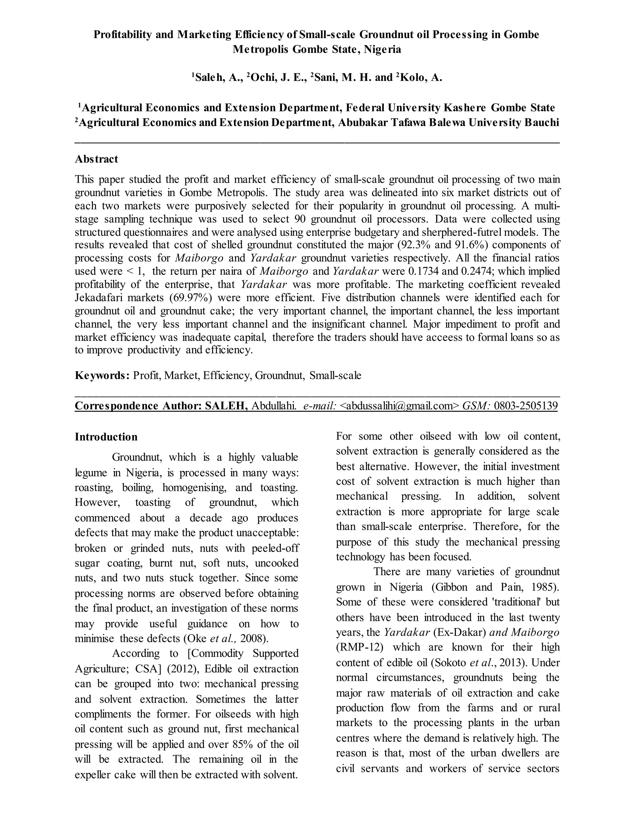 Profitability Analysis of Groundnut oil Processing In Gombe Metropolis ...