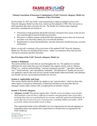 Families USA NAIC Network Adequacy Summary | PDF