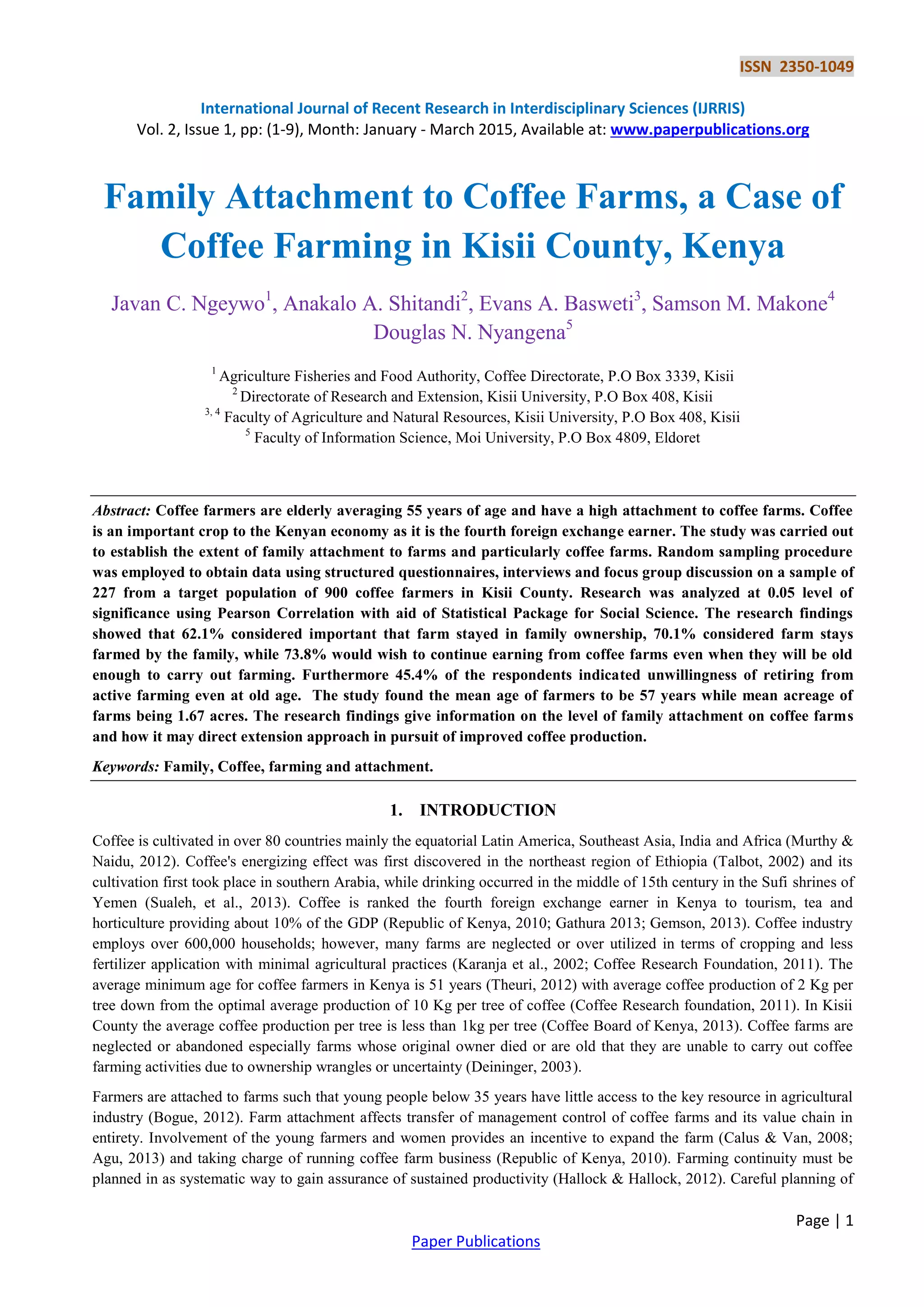 Family Attachment to Coffee Farms, a Case of Coffee Farming in Kisii ...