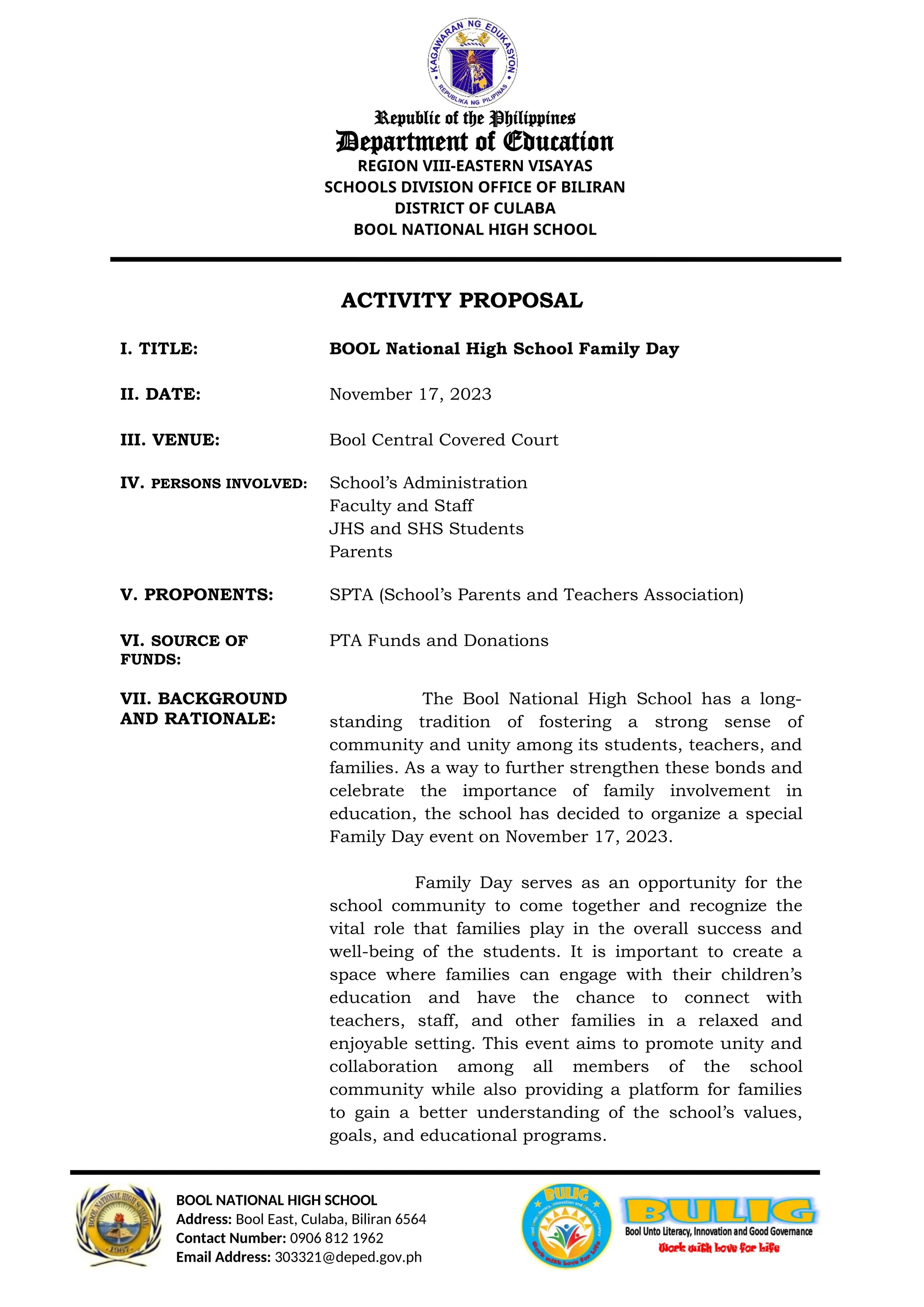 SAMPLE OF A FAMILY DAY ACTIVITY PROPOSAL IN SCHOOL | DOCX