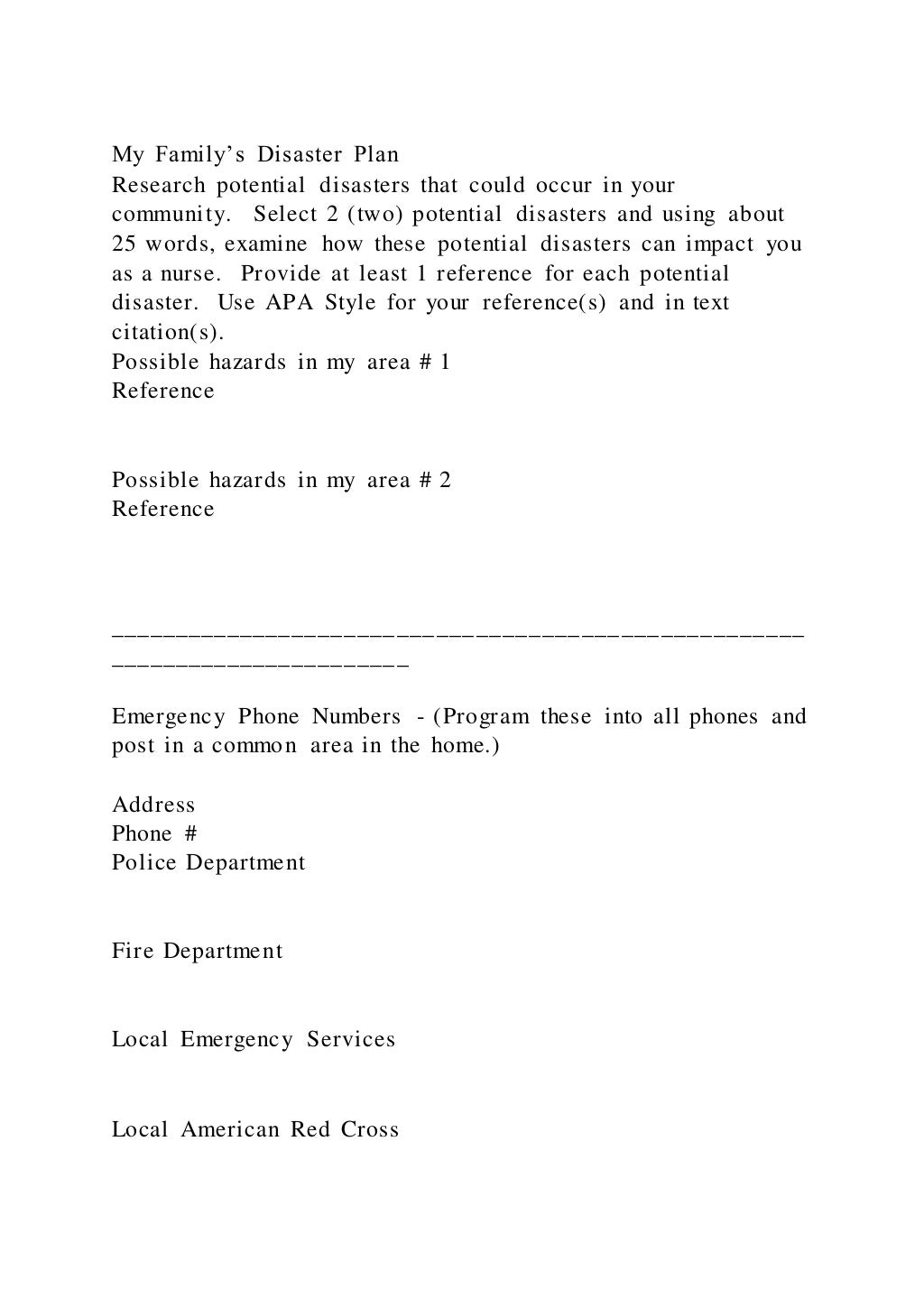 Family Disaster Plan ChecklistNURS 431 Disaster Management | DOCX