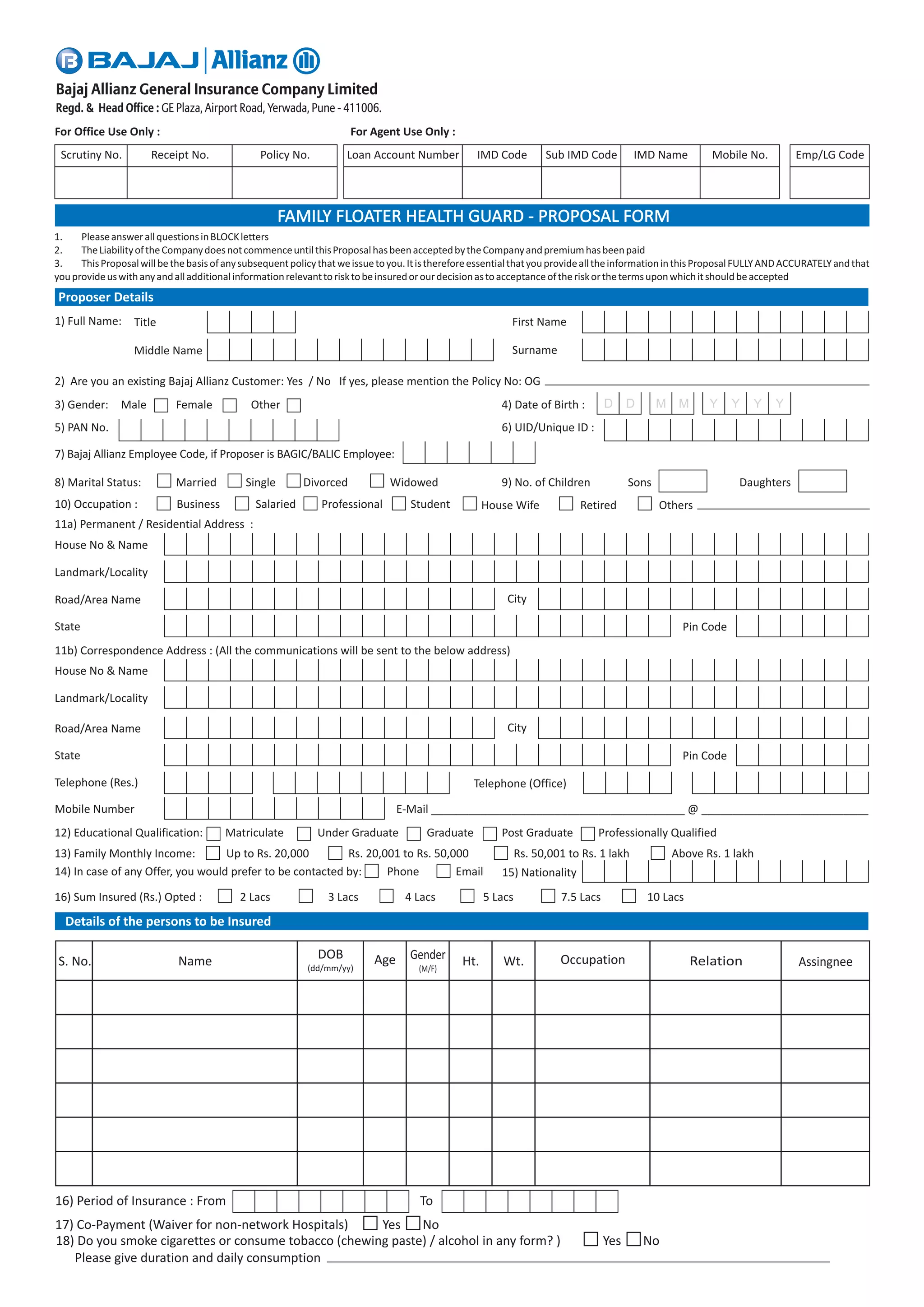 Family Floater Health Guard Proposal Form | PDF | Health Insurance ...