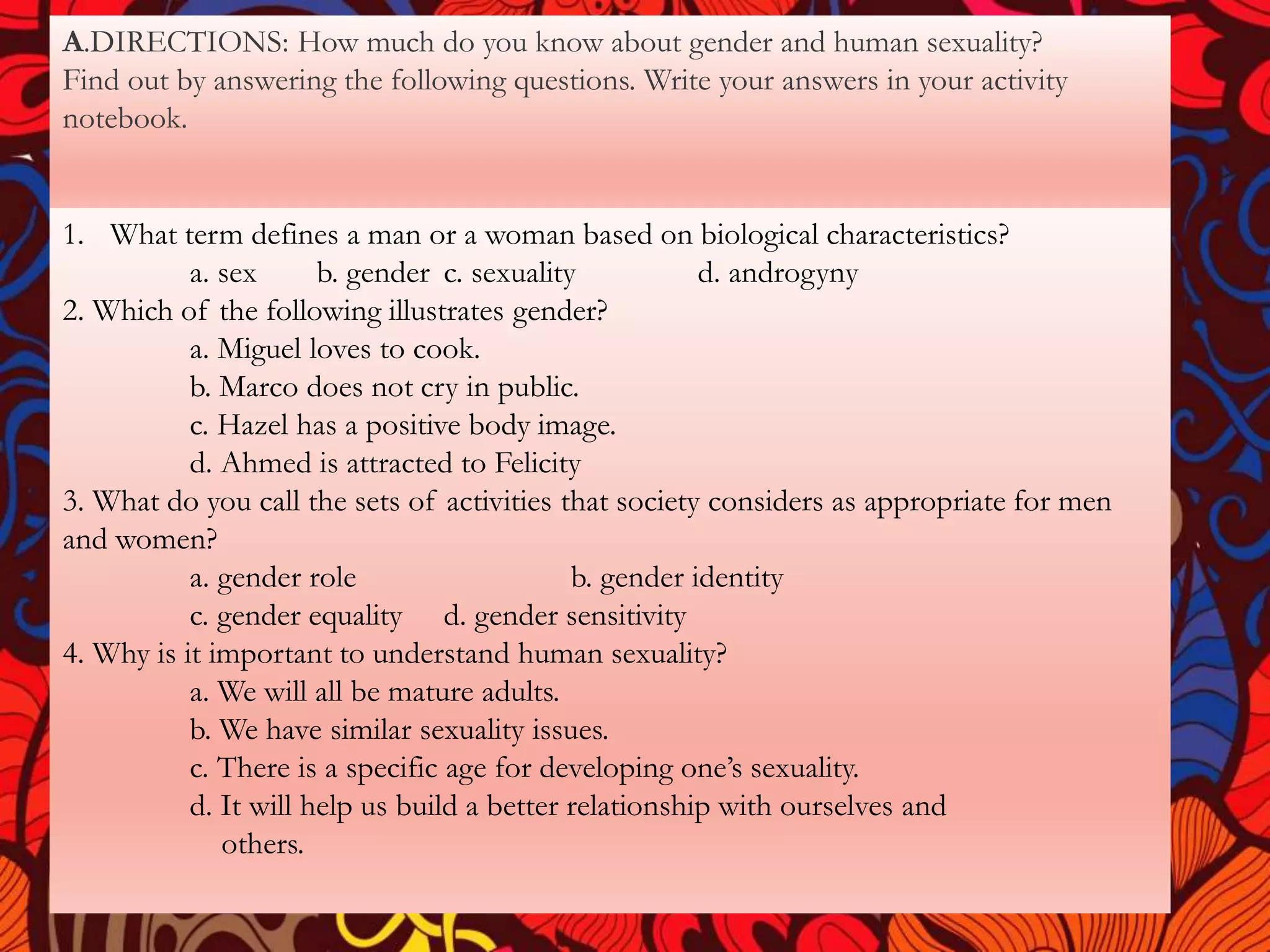 Family health:Gender and Human Sexuality 1st quarter | PPTX | Sexual ...